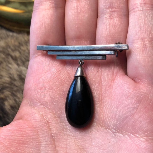 Jewelry | Vintage Sterling Silver Brutalist Onyx Drop Pin | Poshmark